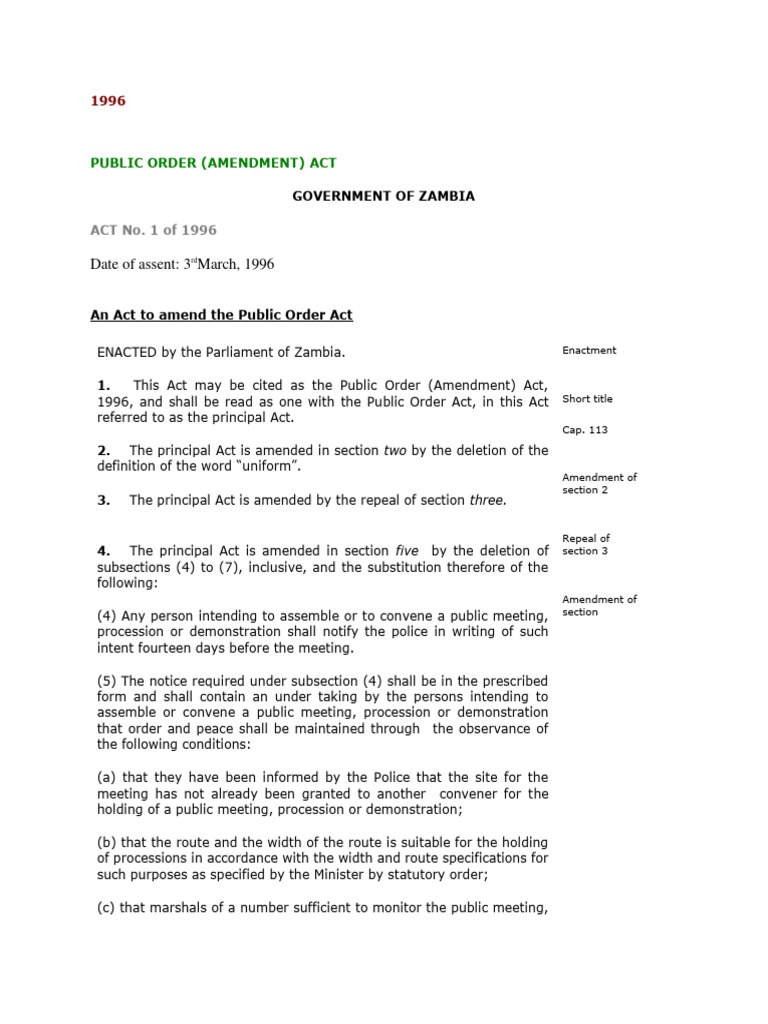 Zambia 1996 Public Order Amendment Act | PDF | Act Of Parliament | Expense