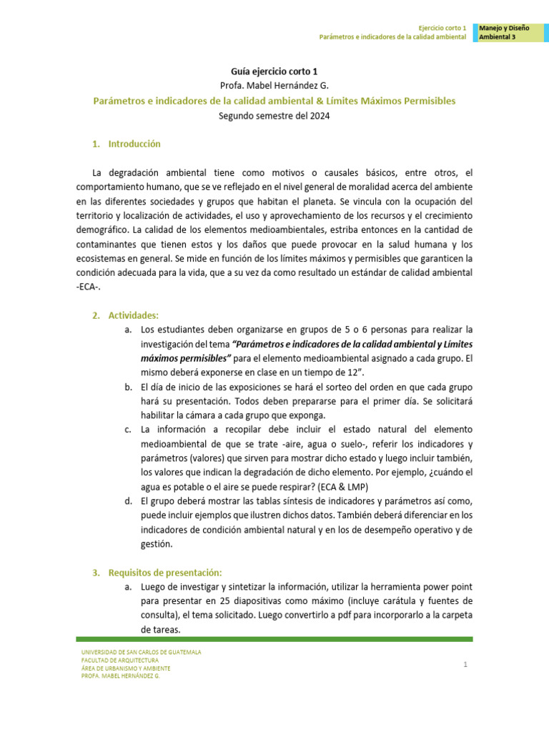 Ej1 Parámetros e Indicadores Cal Amb 2024 | PDF | Entorno natural | Ciencias de la Tierra