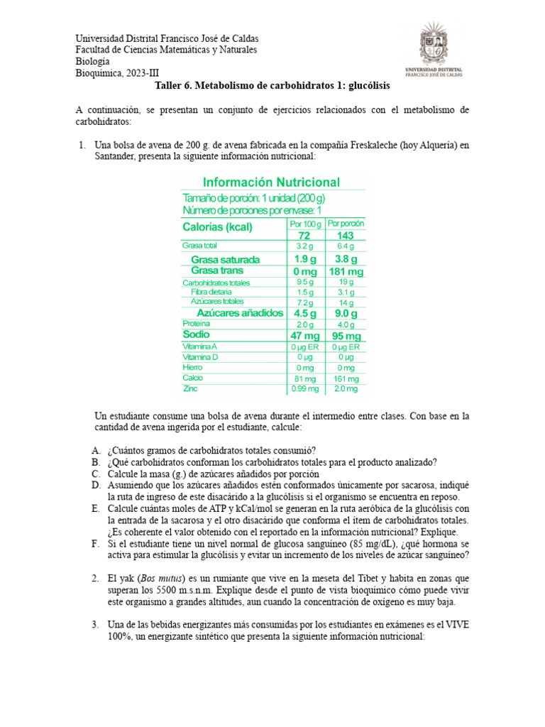 Taller 6 - Metabolismo de Carbohidratos | PDF | Glucólisis | Carbohidratos