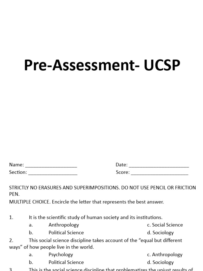 UCSP Pre-Assessment Questions | PDF | Sociology | Deviance (Sociology)