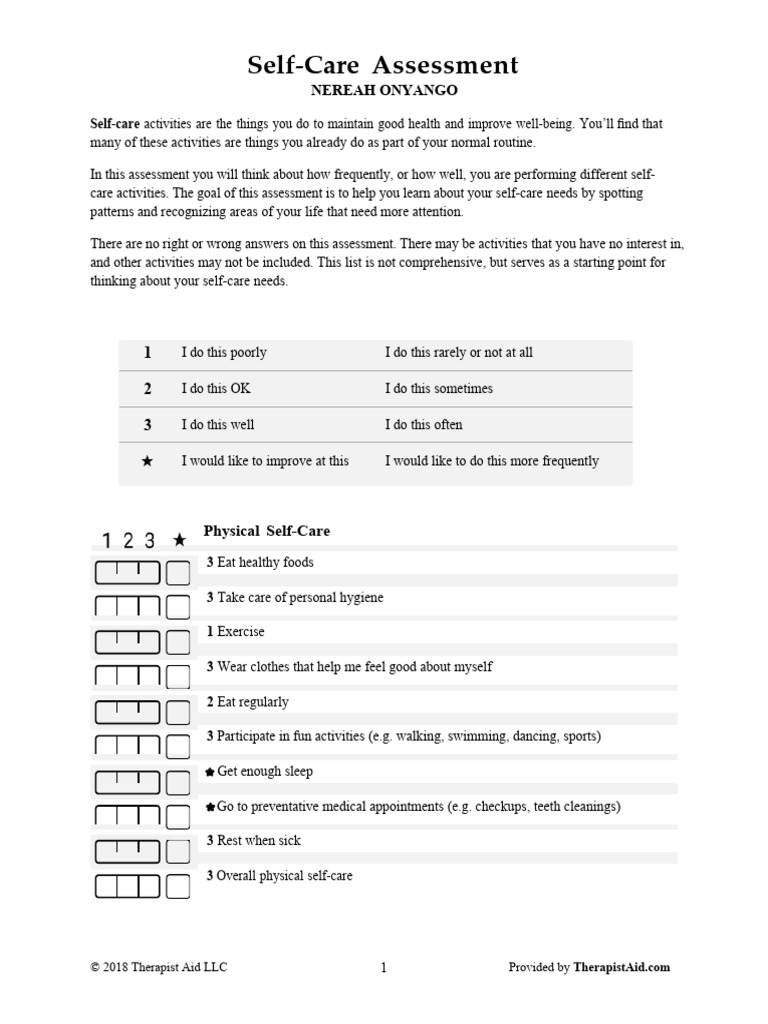 Self-Care-Assessment - Nereah Onyango | PDF | Health Care | Social ...