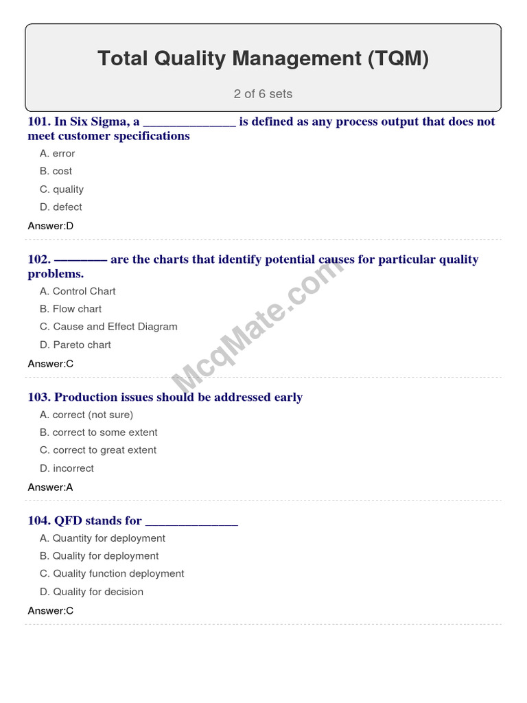 Total Quality Management MCQs Guide | PDF | Probability Distribution ...