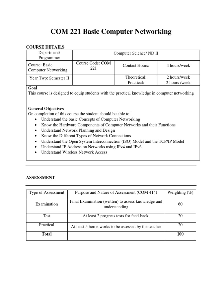 Com 221 Basic Computer Networks Lecture Note 2022 Pdf Computer Network Network Interface