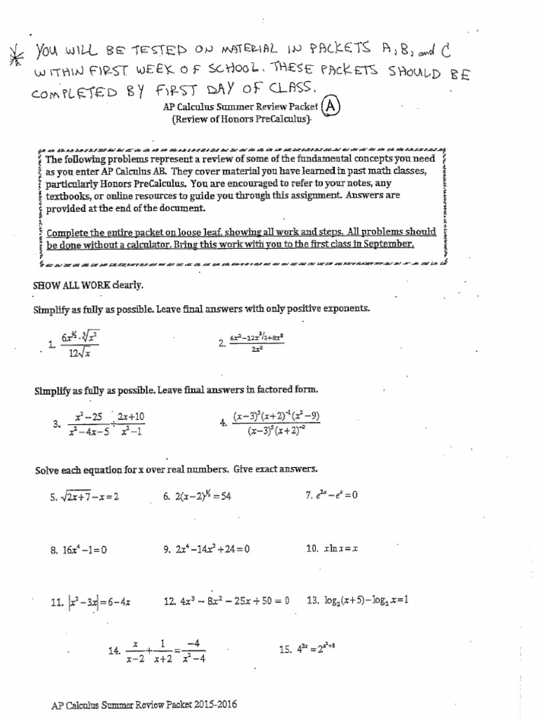 Summer Packet For AP Calc AB 1 | PDF