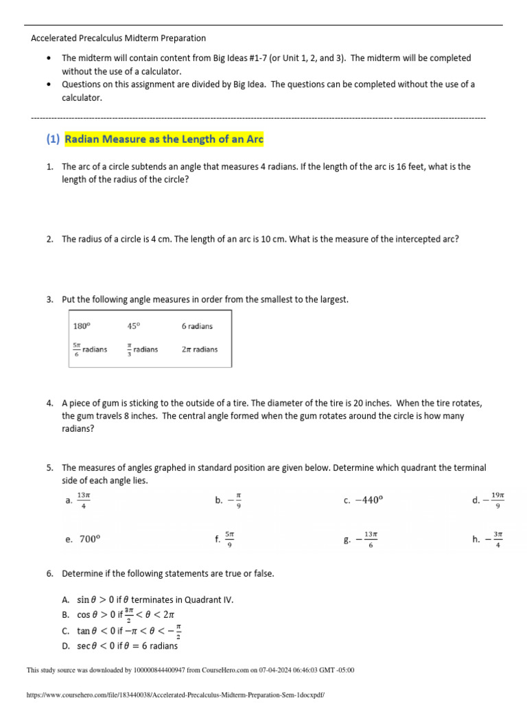 Accelerated Precalculus Midterm Preparation Sem 1 PDF | PDF | Angle ...
