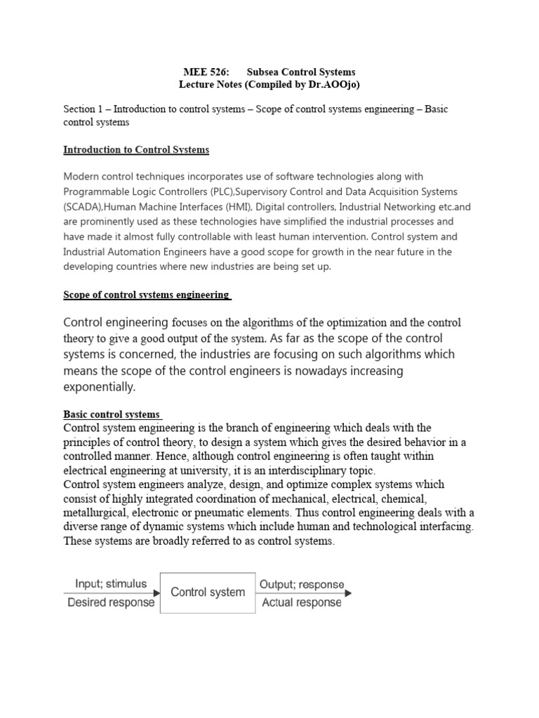 MEE 526 Subsea Control Systems LECTURE NOTES 1 2019 - 2020 | PDF ...