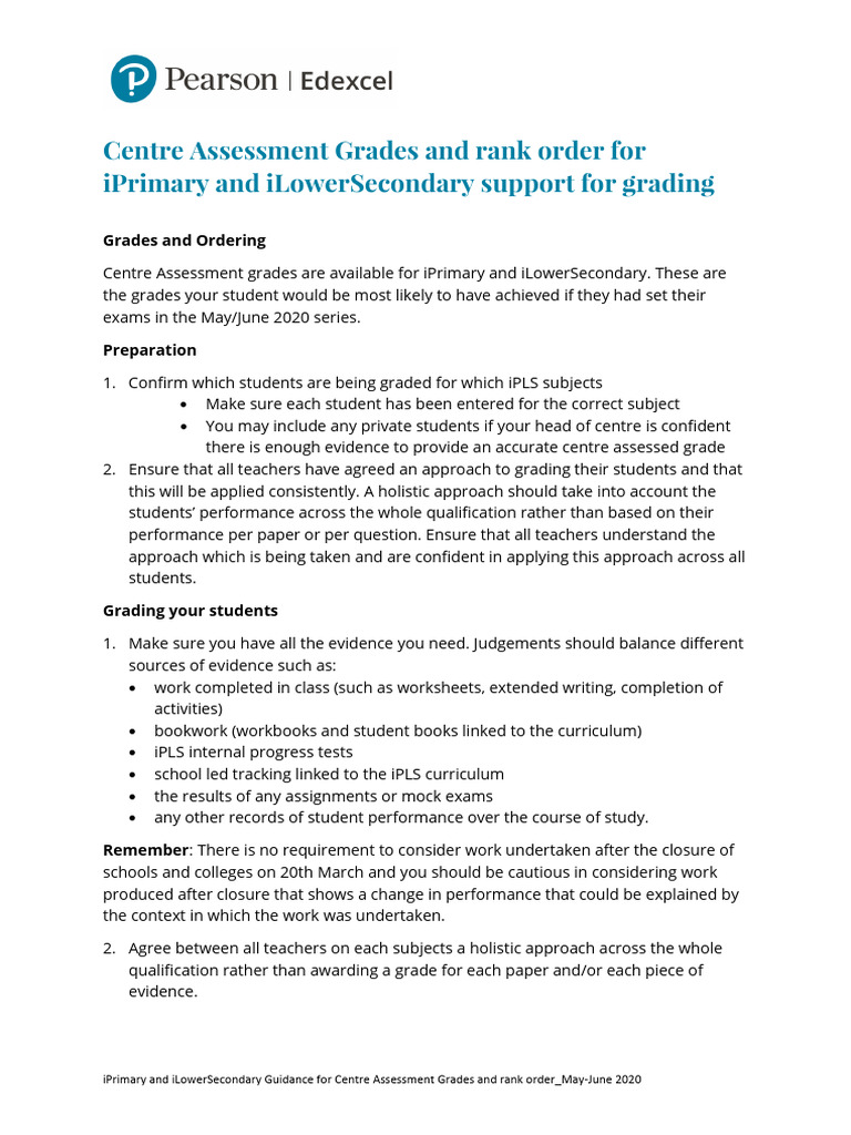 Guidance For Centre Assessment Grades and Rank Ordering For Ipls | PDF ...