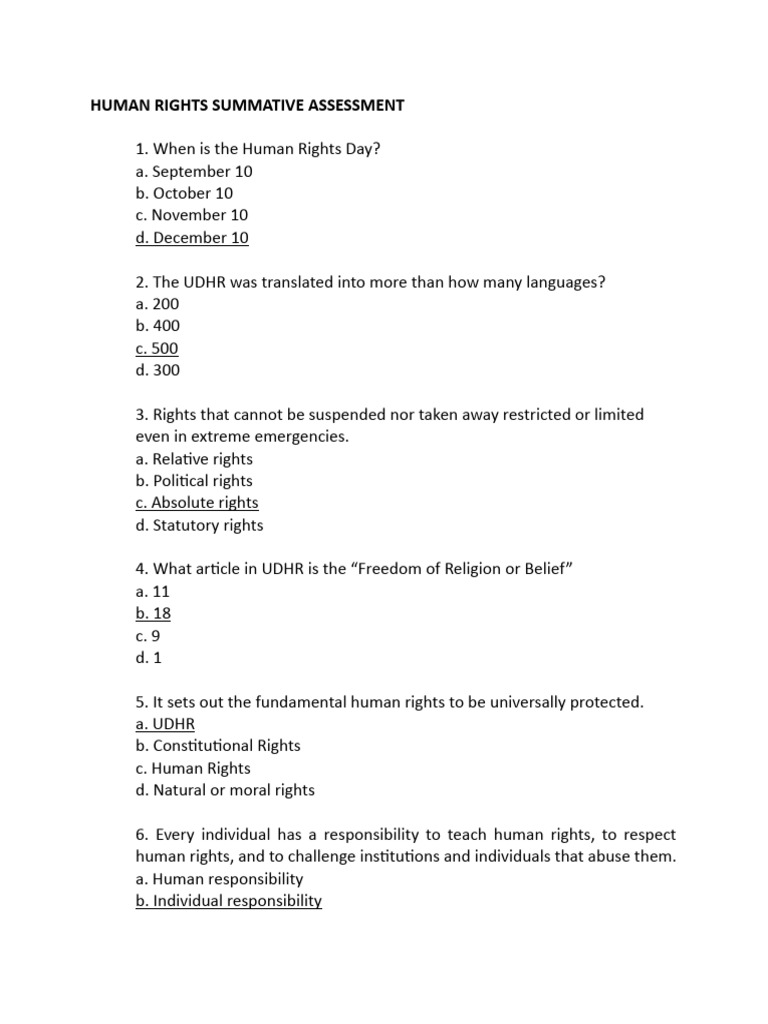 Human Rights Assessment Quiz | PDF | Human Rights | International ...