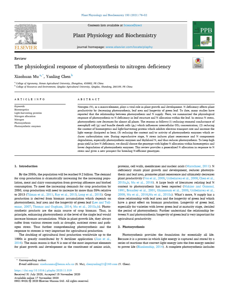 Photosynthesis Response to Nitrogen Deficiency | PDF | Photosynthesis ...