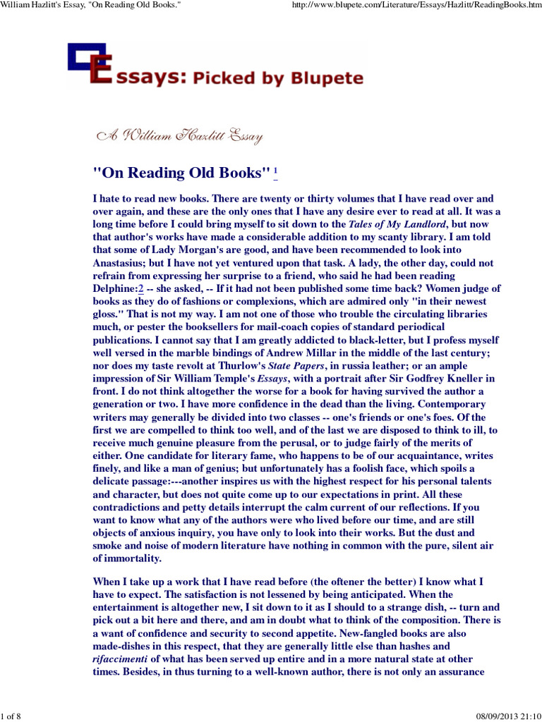 William Hazlitt's Essay, On Reading Old Books | PDF | Edmund Burke