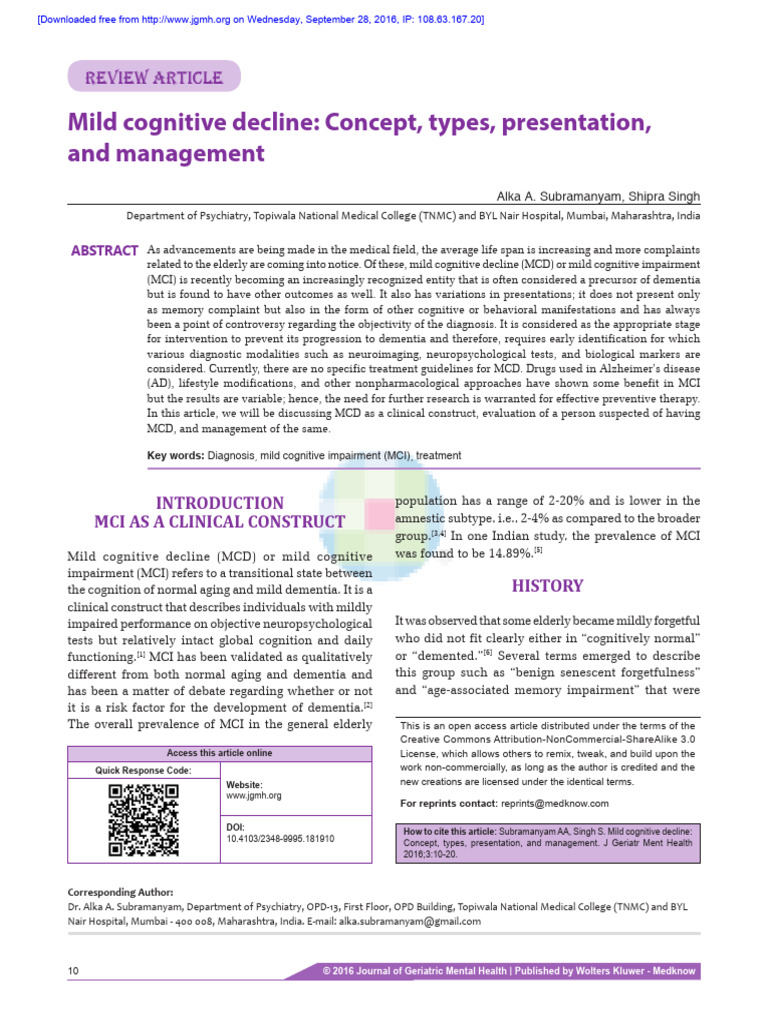 Mild Cognitive Decline: Overview and Management | PDF | Dementia ...