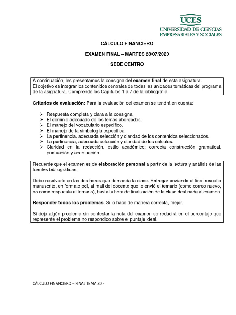 Examen FINAL de CALCULO FINANCIERO (Profe: Beatriz Mananian) - Uces | PDF | Economias