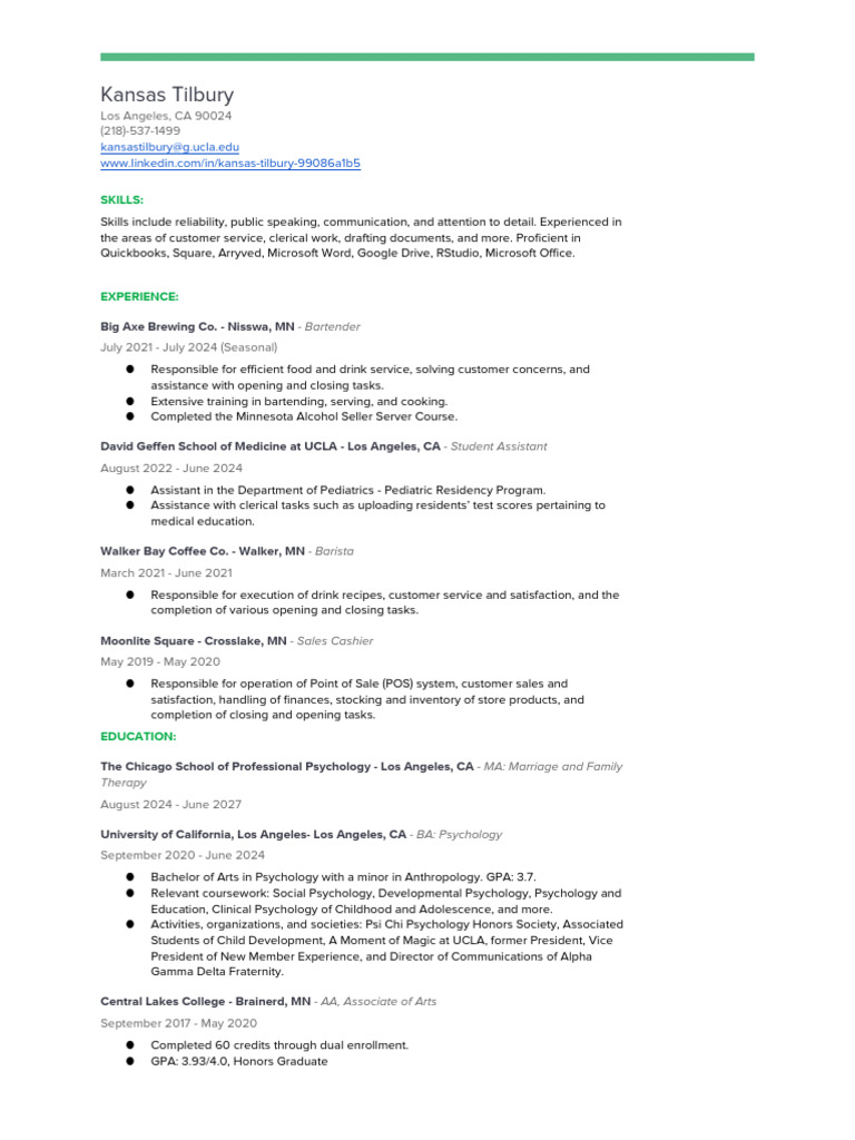 Kansas Tilbury - Resume (CS) | PDF | Psychology | Behavioural Sciences