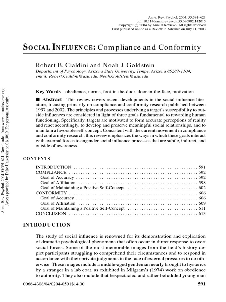 SOCIAL INFLUENCE Compliance and Conformitycialdini2004 | PDF | Affect ...