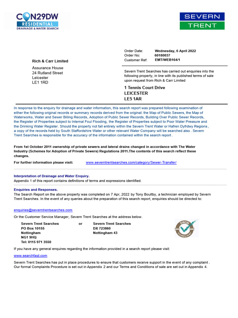 Drainage and Water Search Report Leicester | PDF | Sewerage | Sanitary ...