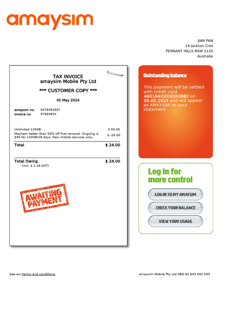 Amaysim Invoice 97965854 | PDF | Payments