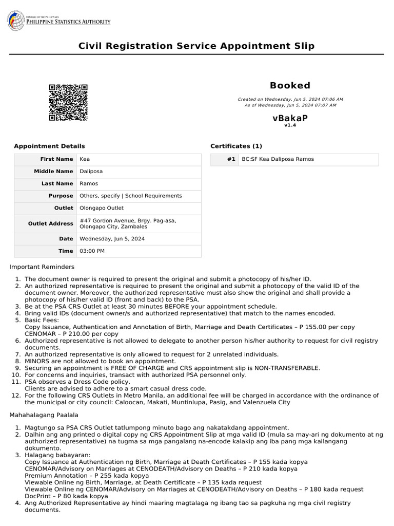 Civil Registration Service Appointment Slip | PDF