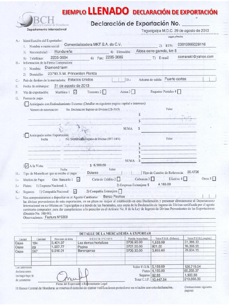 Ejemplo Declaracion de Exportacion y Factura | PDF