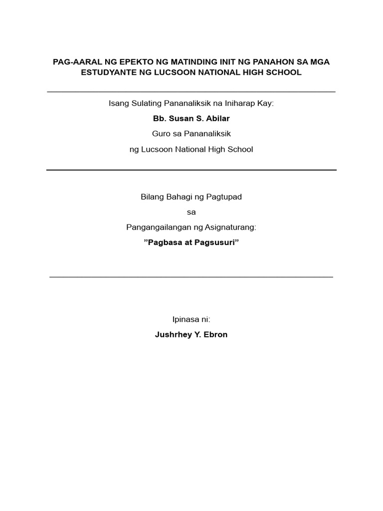 Pag-Aaral NG Epekto NG Matinding Init NG Panahon Sa Mga Estudyante NG Lucsoon National High ...