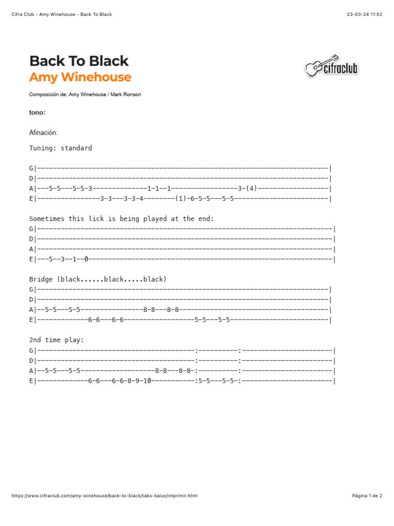 Amy Winehouse - Back To Black Bass Tab | PDF