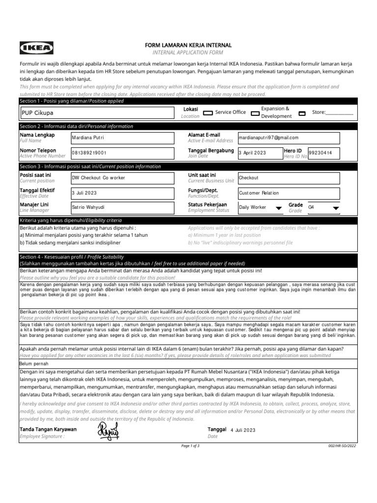 Mardiana Putri - Internal Application Form | PDF