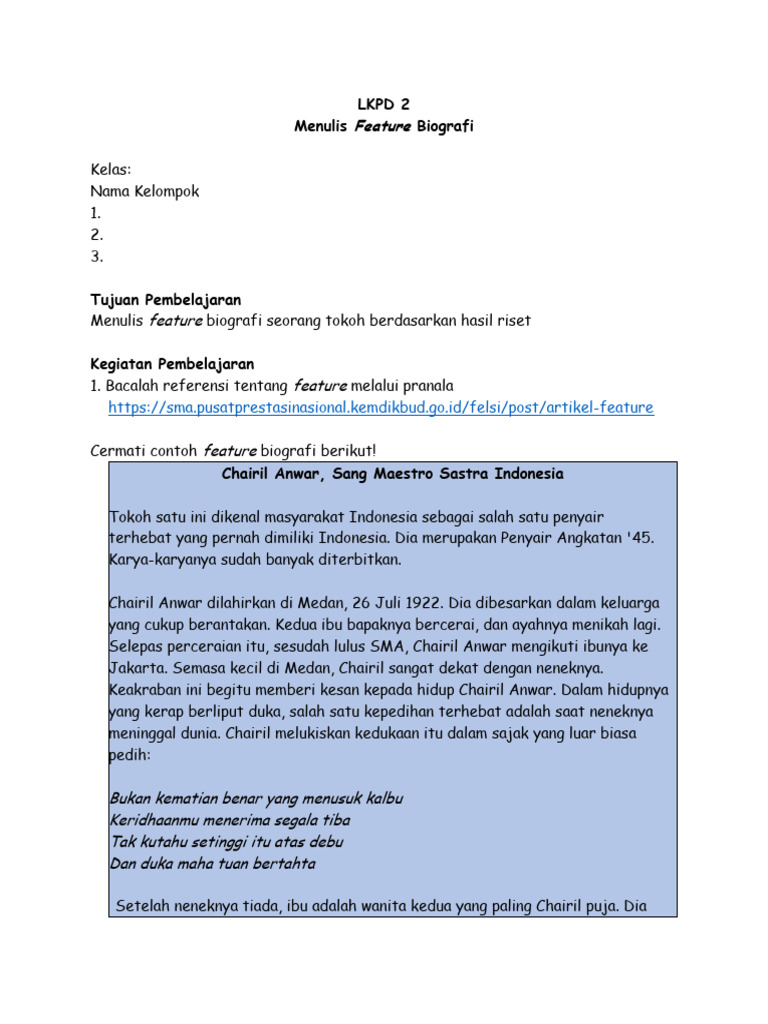 LKPD 2 Menulis Feature Biografi | PDF