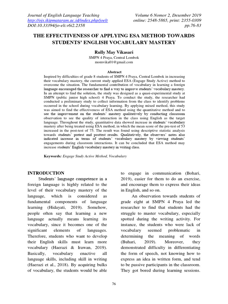 The Effectiveness of Applying Esa Method Towards Students' English ...