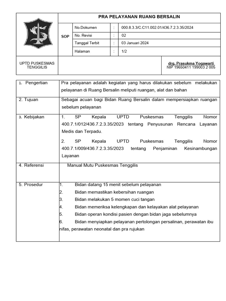 SOP Pra Pelayanan Ruang Bersalin 2024 | PDF
