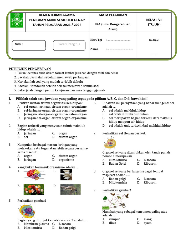 Soal Ujian IPA Kls 7 - Semester Genap 2024 | PDF