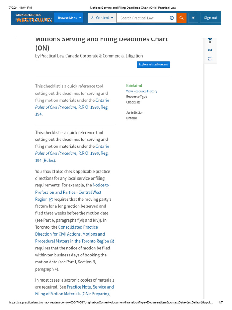 Motions Serving and Filing Deadlines Chart (On) - Practical Law | PDF ...