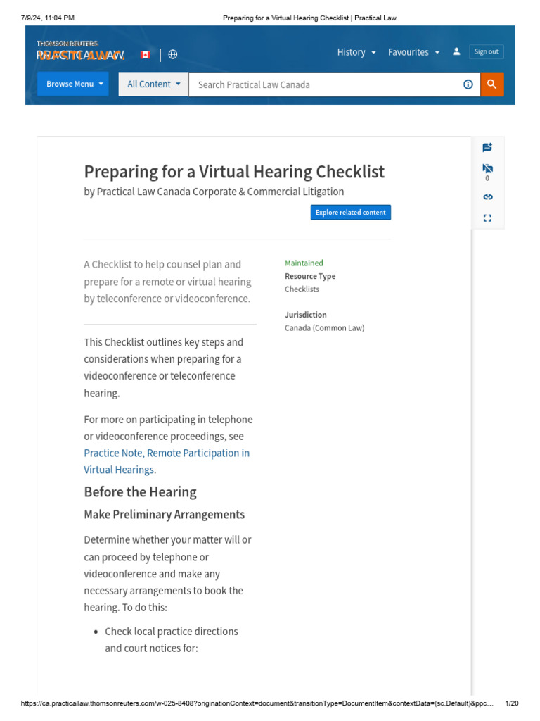 Preparing For A Virtual Hearing Checklist - Practical Law | PDF ...