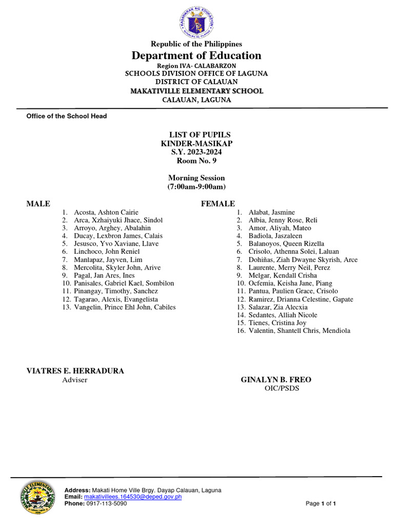 Kinder List of Pupils S.Y. 2023 2024 Both Section PROCESSIONAL | PDF