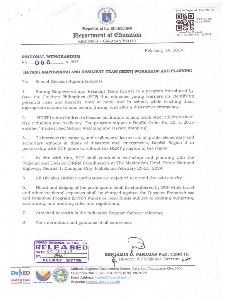 Regional Memorandum No. 066 S. 2024 Batang Empowered and Resilient Team Bert Workshop and ...