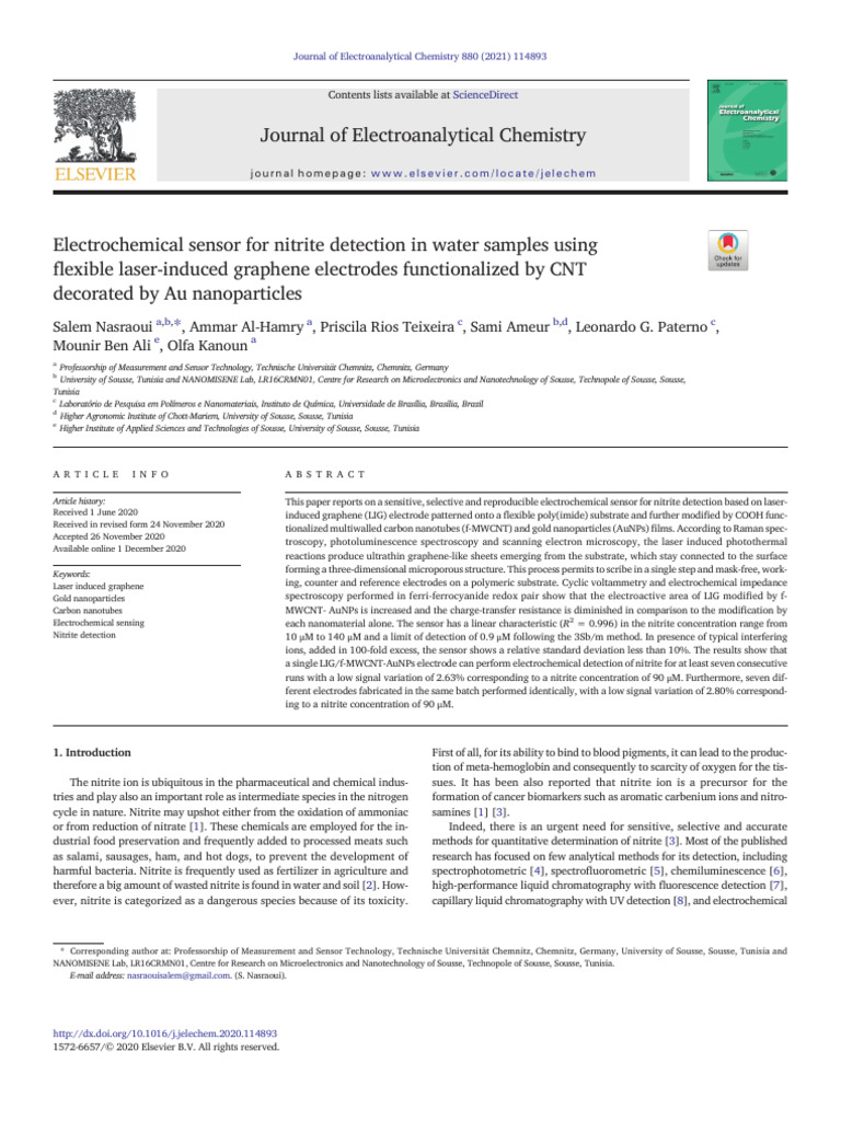 Electrochemical Sensor For Nitrite Detection In Water Samples Using F Lexible Laser Induced