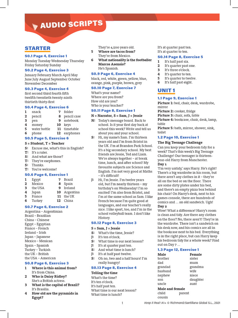 A1 Students Book Audioscriptskeep It Real | PDF