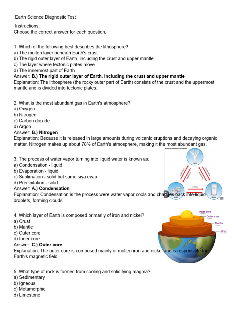 Earth Science Diagnostic Test w Answer Key | PDF | Earth | Plate Tectonics