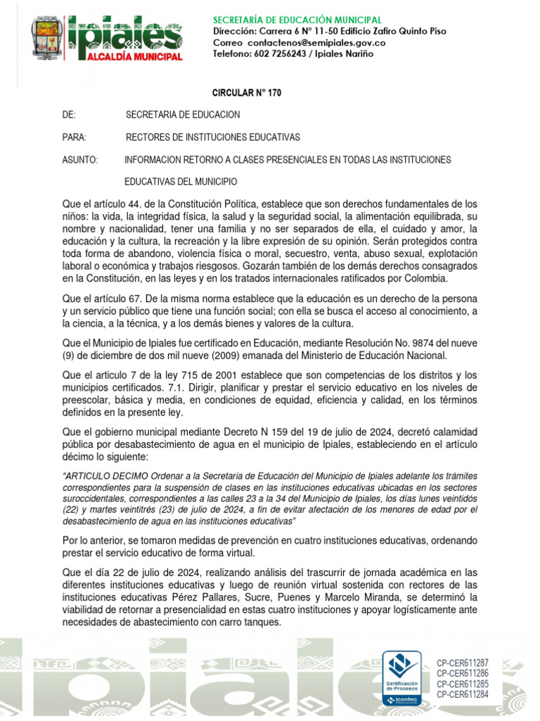 CIRCULAR 170 Retorno A Presencialidad | PDF