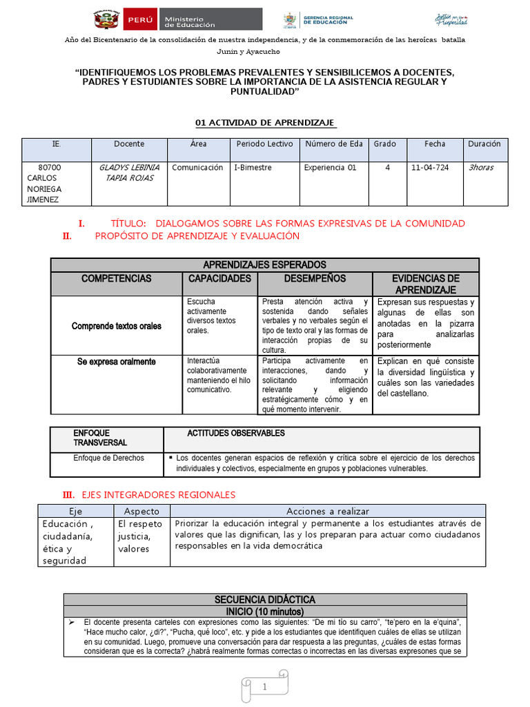 1 Sesion - Cuarto-Comunicacion | PDF | Lengua española | Aprendizaje