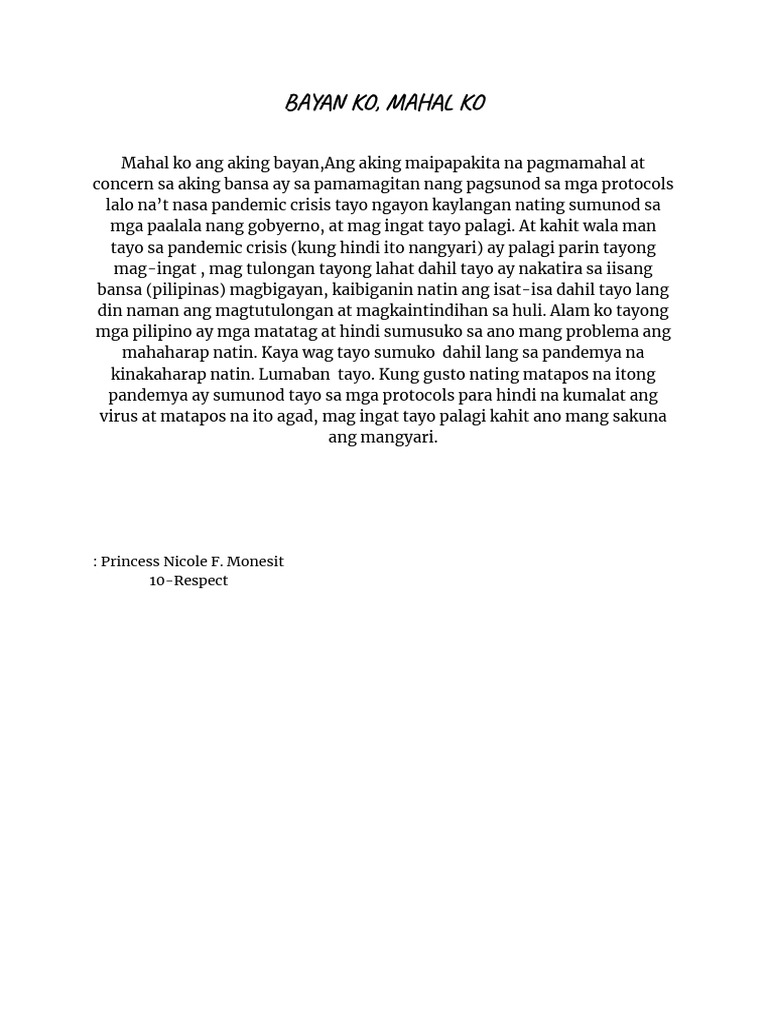 Bayan Ko, Mahal Ko, A Reflection Paper. - ESP | PDF