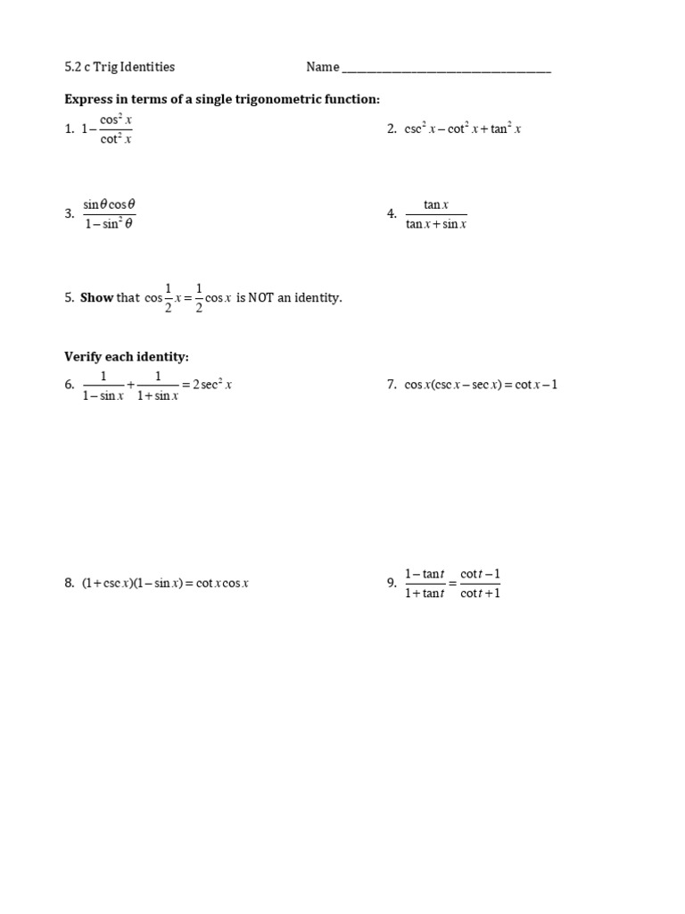 5.2c Verifying Identities | PDF | Trigonometric Functions | Trigonometry