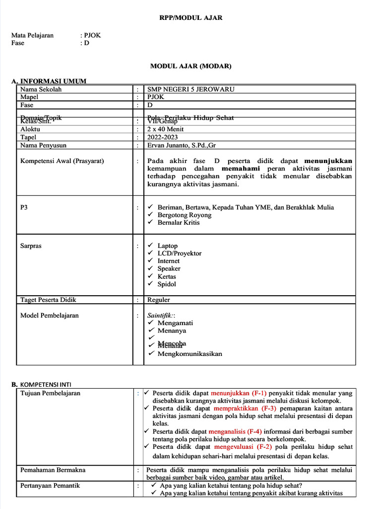 Modul PJOK: Pola Hidup Sehat | PDF