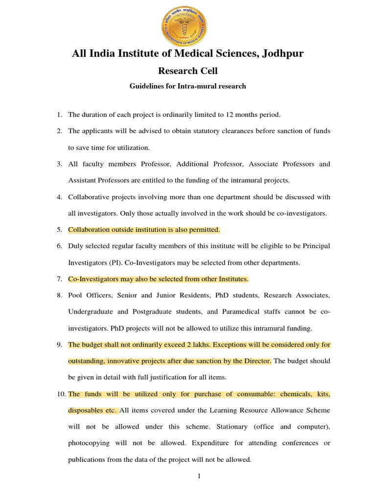AIIMS Jodhpur Intra-mural Research Guidelines | PDF