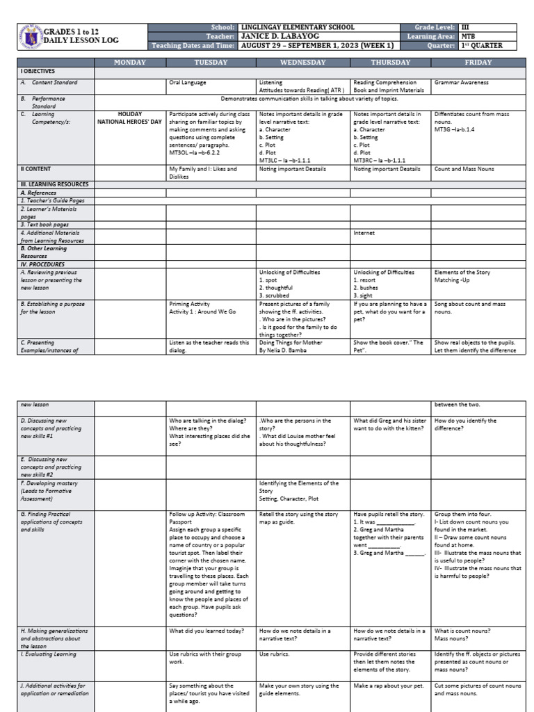 DLL - MTB 3 - Q1 - W1 | PDF | Learning | Human Communication