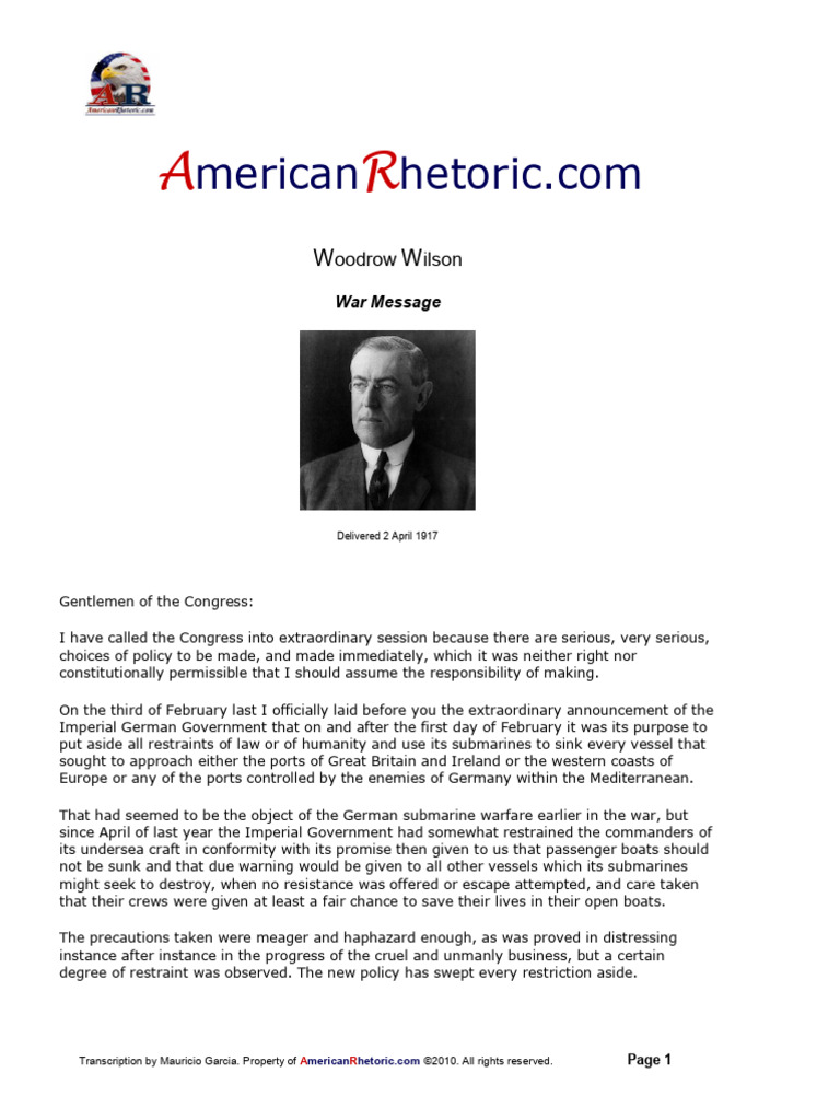 Wilson's 1917 War Message to Congress | PDF | Woodrow Wilson | Submarines