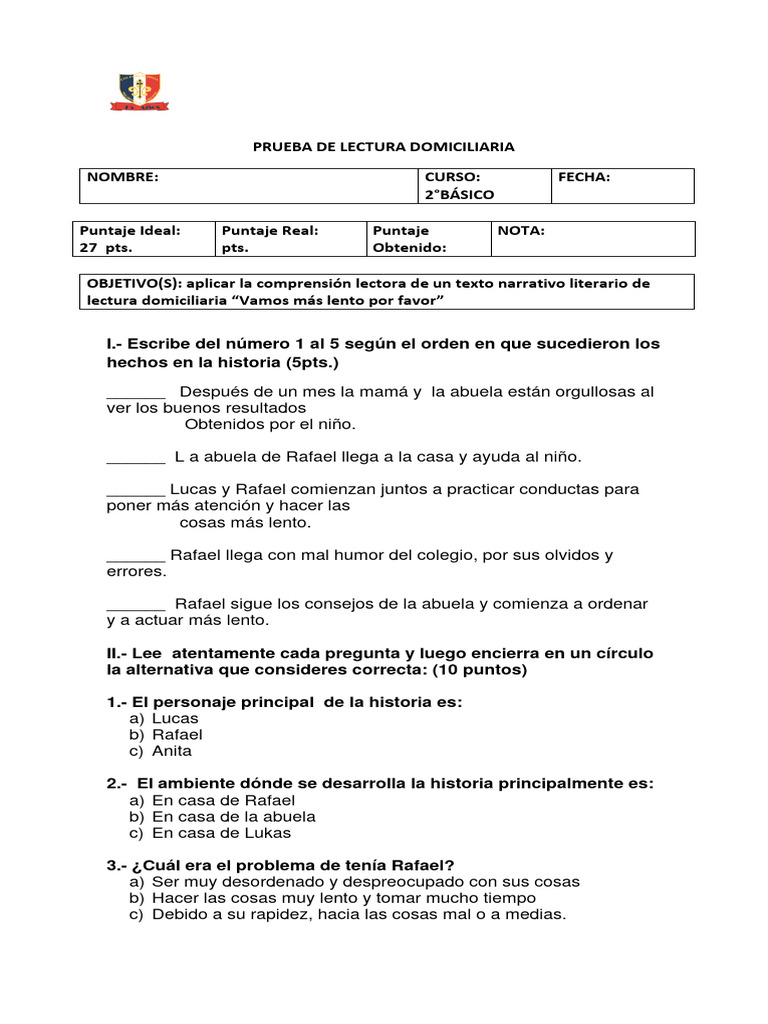 PRUEBA 2°Básico-Libro-Vamos-Mas-Lento-Por-Favor | PDF