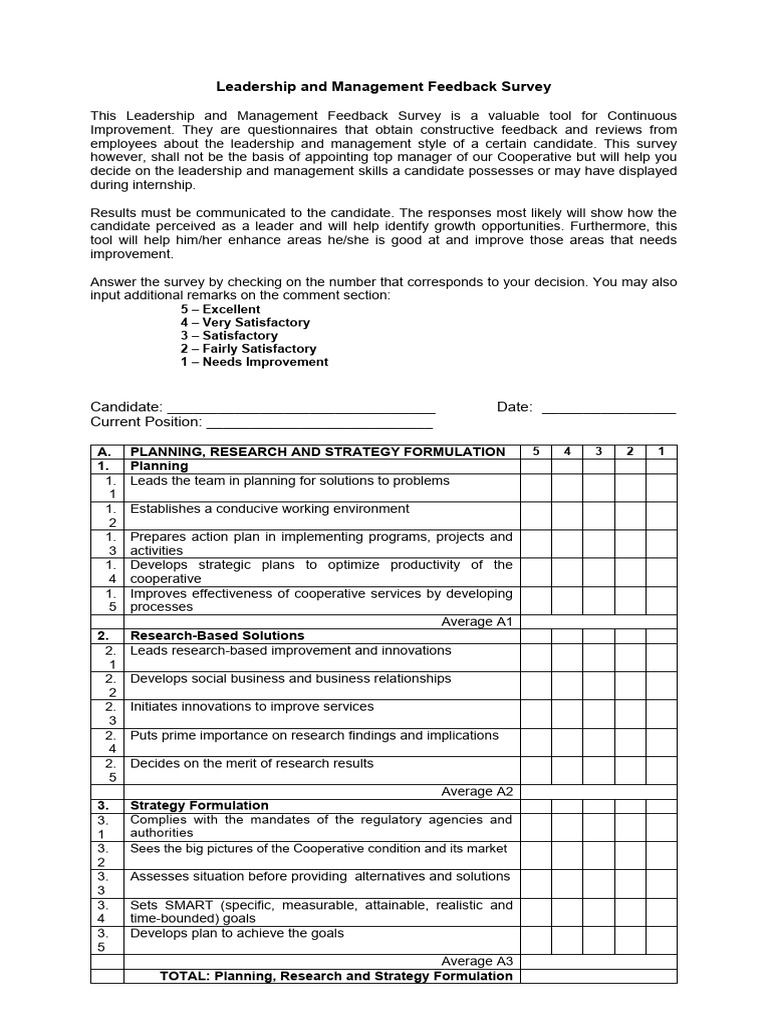 Leadership and Management Feedback Survey | PDF | Goal | Internal Control