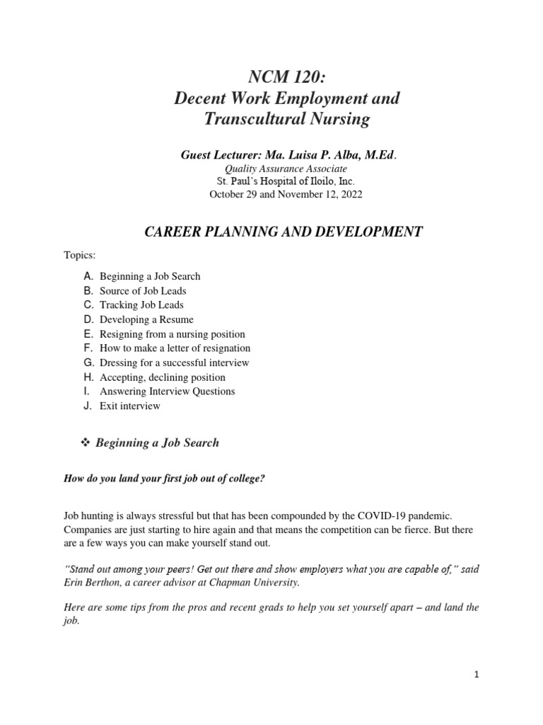 NCM 120 2022 Handouts | PDF | Résumé | Recruitment