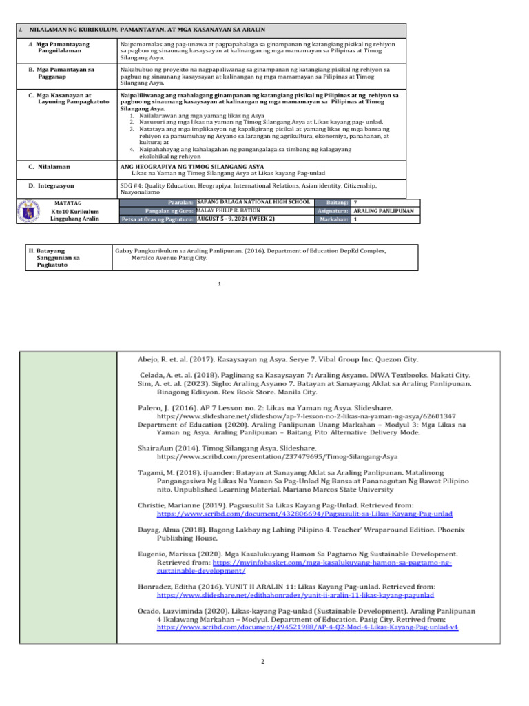 DLL Matatag - Araling Panlipunan 7 Q1 W2 | PDF