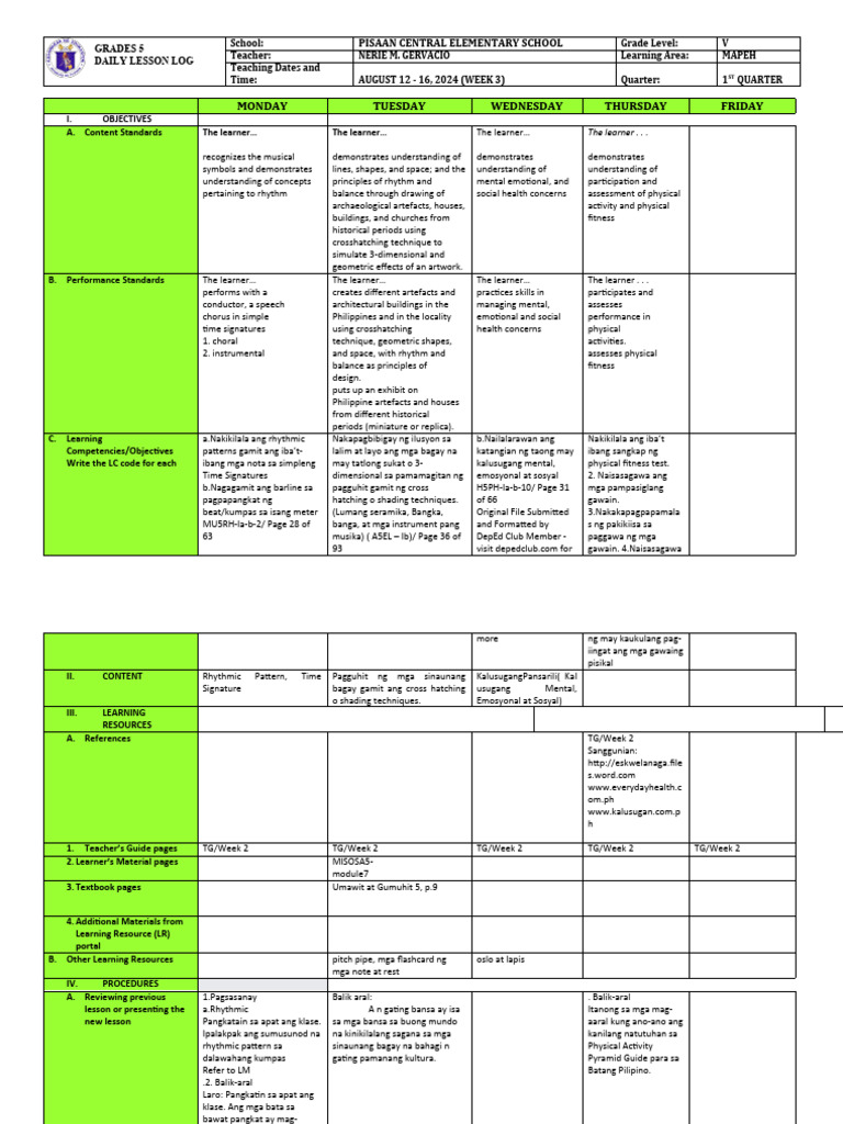 DLL - Mapeh 5 - Q1 - W2 | PDF