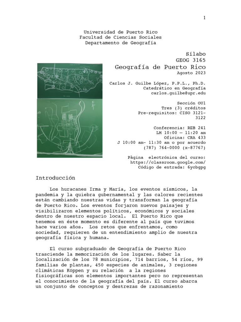 Sílabo Geografia de Puerto Rico Agosto 2023 | PDF | Maestros | Ciencias ...
